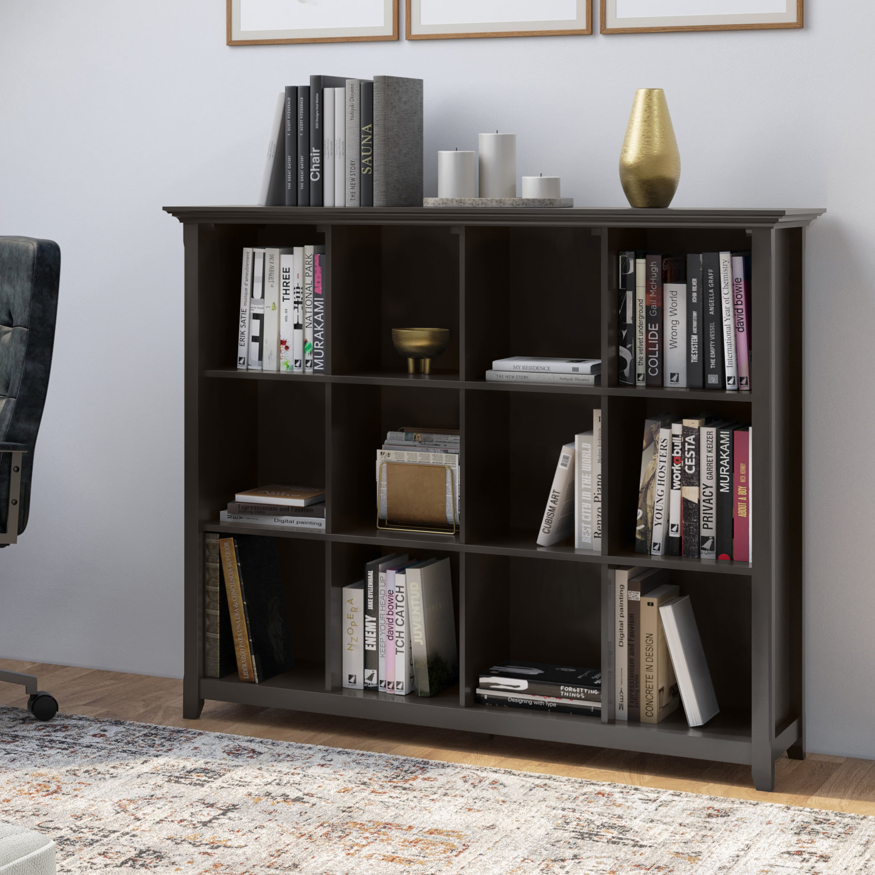 Simpli Home Amherst 57"W Solid Wood 12 Cube Storage Bookcase with Fixed Shelves | Wayfair